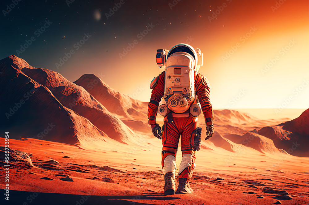 Astronaut on the mars or extraterrestrial planet. Alone and watching ...