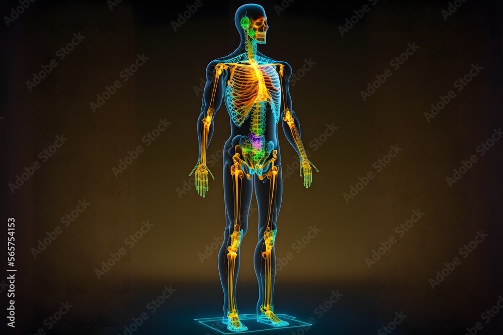 Human body x-ray scan illustrating skeleton and energy. Illustration ...