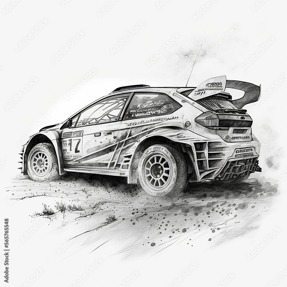 Black and white pencil drawing of a rally car, Generative AI Stock ...