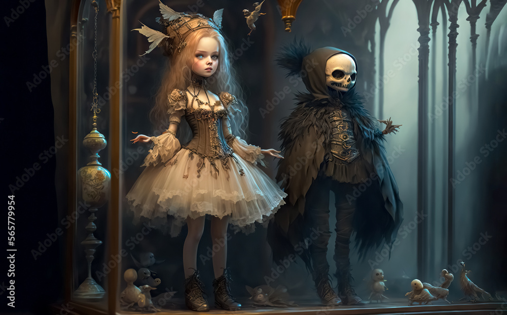 Terrifying horror dolls with skeleton and zombie. halloween concept ...