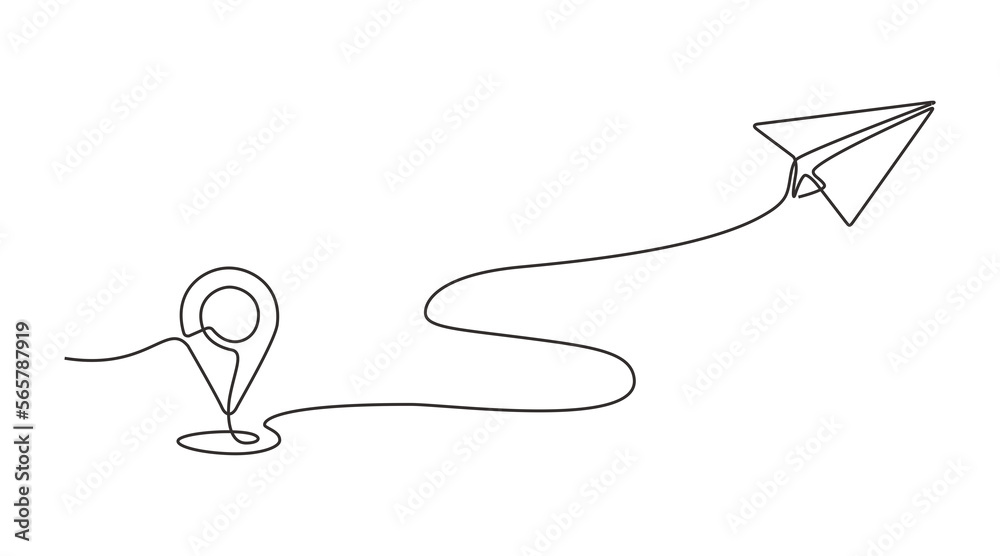 Continuous line drawing of airplane flight route and airport ...