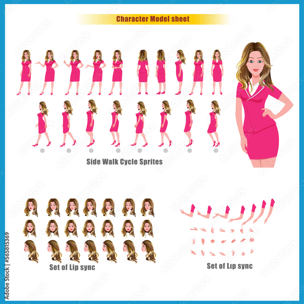 young girl character model sheet with walk cycle animations lip syncing ...