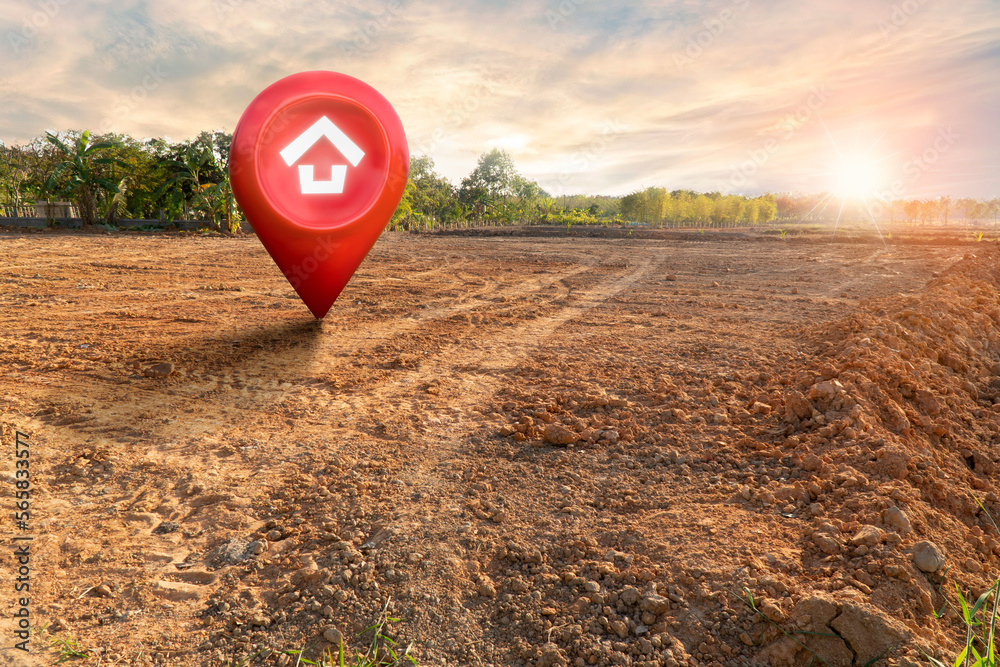 House symbol with location pin and Empty dry cracked swamp reclamation ...
