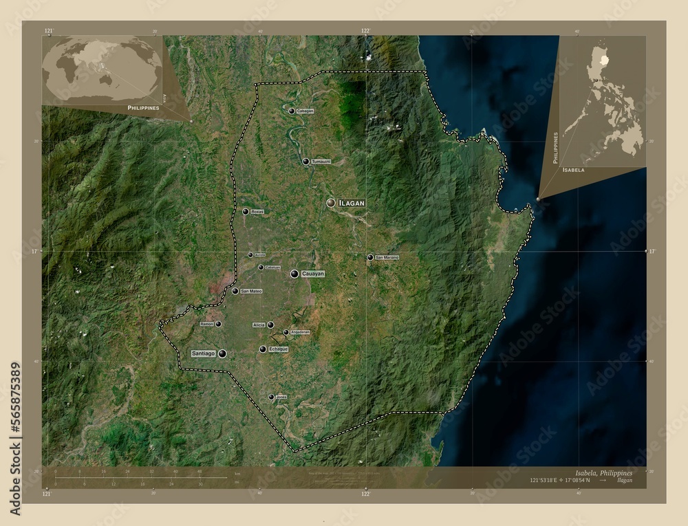 Isabela, Philippines. High-res satellite. Labelled points of cities ...
