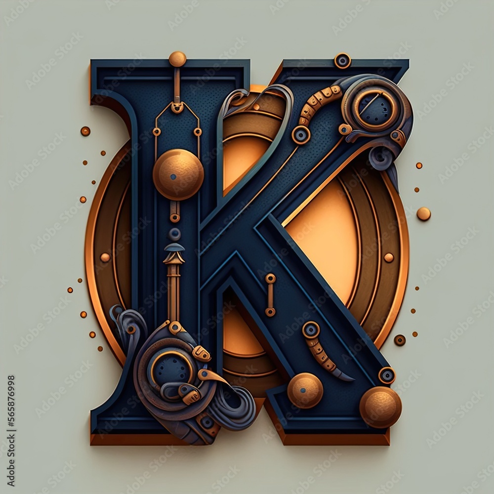Capital letter K, steampunk alphabet in bronze metal and navy blue, AI ...