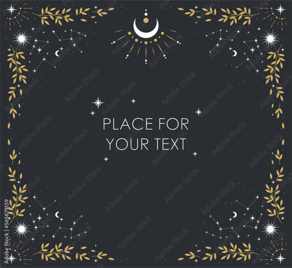 Vektor Magic vector frame with sun, plants, moon, stars and ...