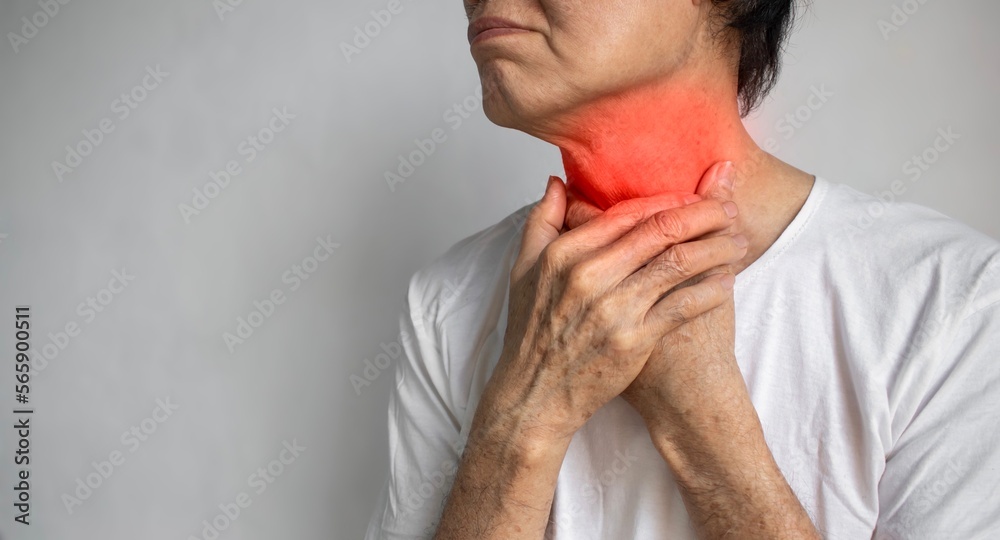 Redness at neck of Asian man. Concept of sore throat, pharyngitis ...