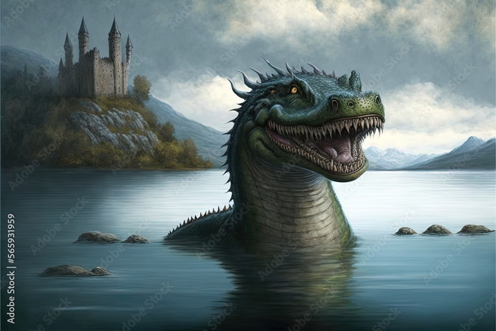 Nessie, the famed lake monster of Loch Ness in Scotland, rears out of the waters of the lake ...