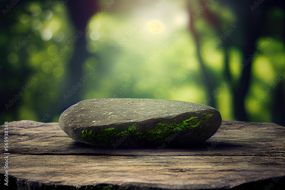 Empty stone table for product advertising display in fresh green jungle ...