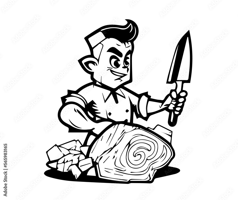 Butcher in cartoon black and white style for coloring. Vector ...