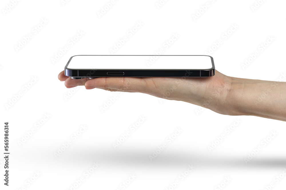 Phone in hand isolate on PNG transparent background. A modern ...