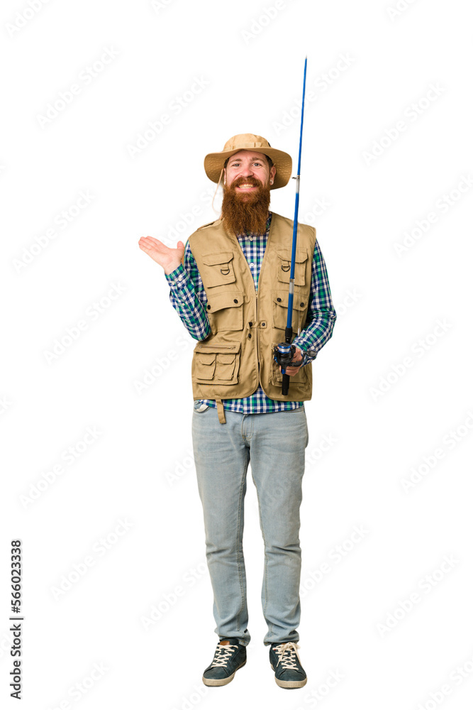 Adult fisher man full body isolated showing a copy space on a palm and ...