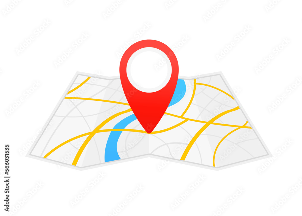 Map with a pin. Red direction indicator on a folded city map, gps ...