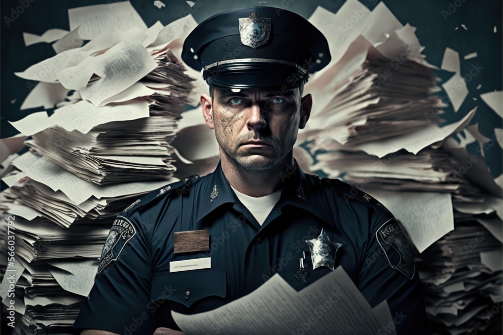 Police office in front of pile of paper, concept of Uniformed Law ...