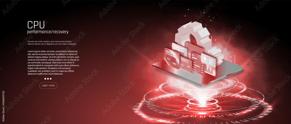 Quantum computer, large data processing, database concept. CPU isometric banner Central Computer ...