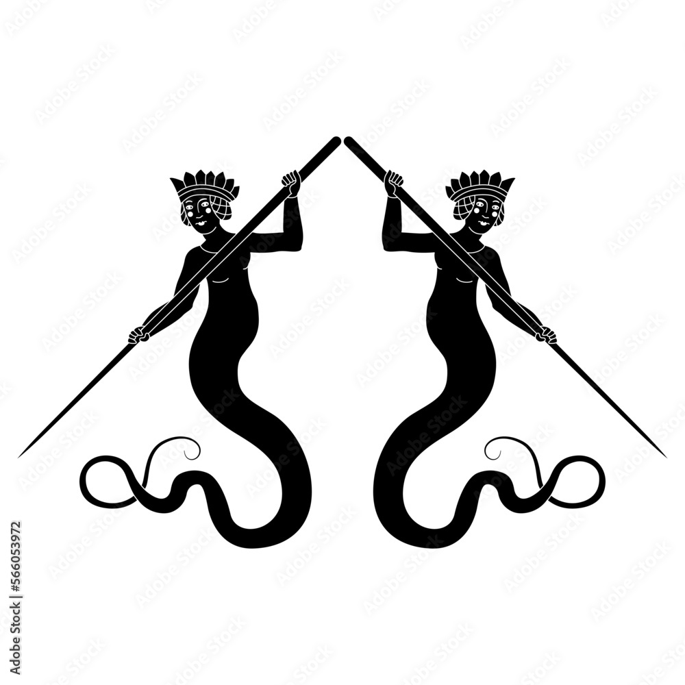 Symmetrical design with two fantastic snake women or mermaids in royal ...