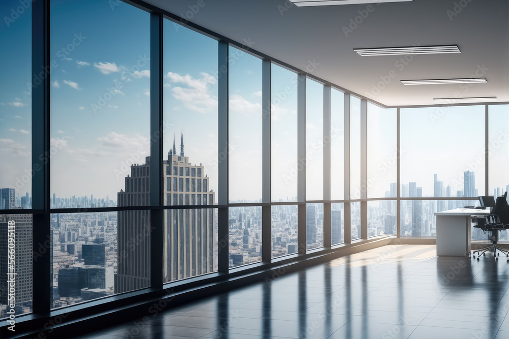 Empty modern office background in city center . Workspace interior ...