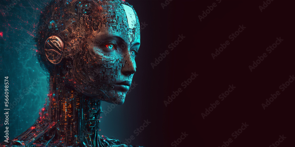 Artificial intelligence, a humanoid with a neural network thinks. a digital brain is learning to ...