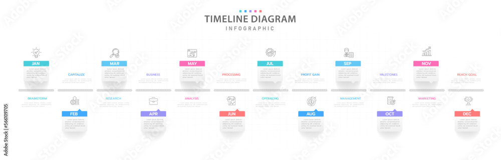 Infographic template for business. 12 Months modern Timeline diagram ...