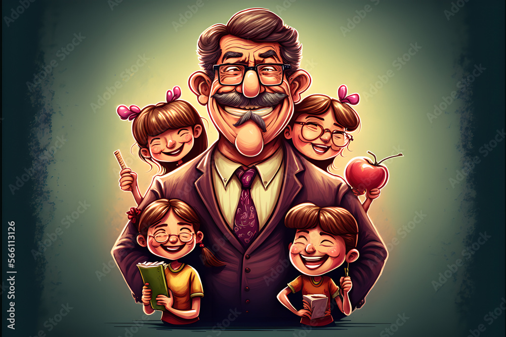 Caricature cartoon of a proud middle age single dad and his many ...