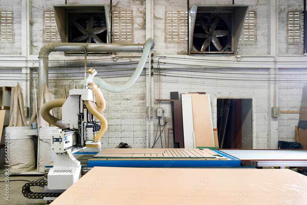 Working table fully loaded with plywood in industrial factory producing ...