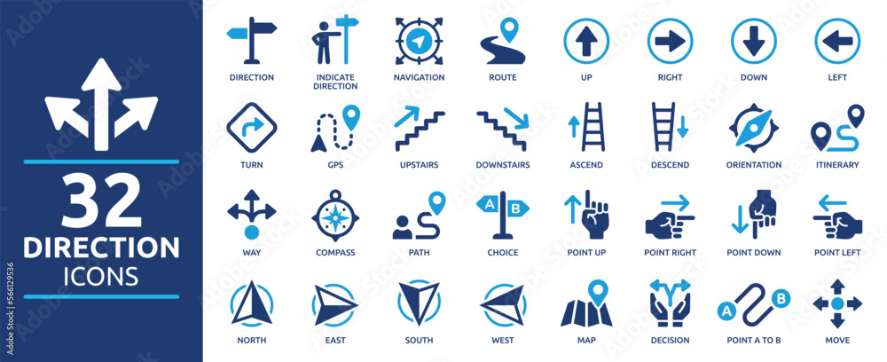 Direction icon set. Containing route, itinerary, compass, arrow symbol ...