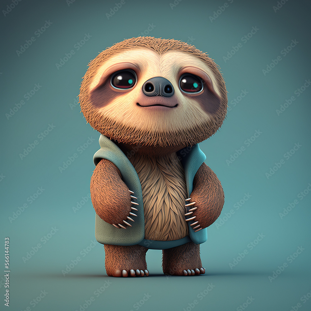 Cute sloth cartoon 3D character. Friendly animal. Happy animal for ...