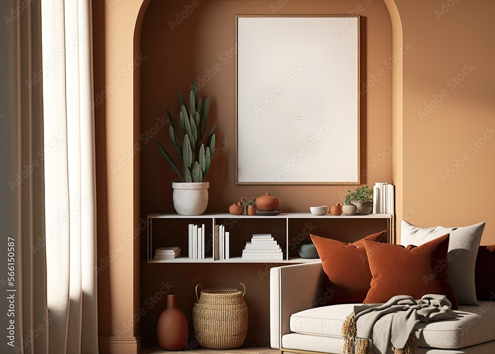 A Mediterranean room with warm earth tones and a terra cotta mockup ...