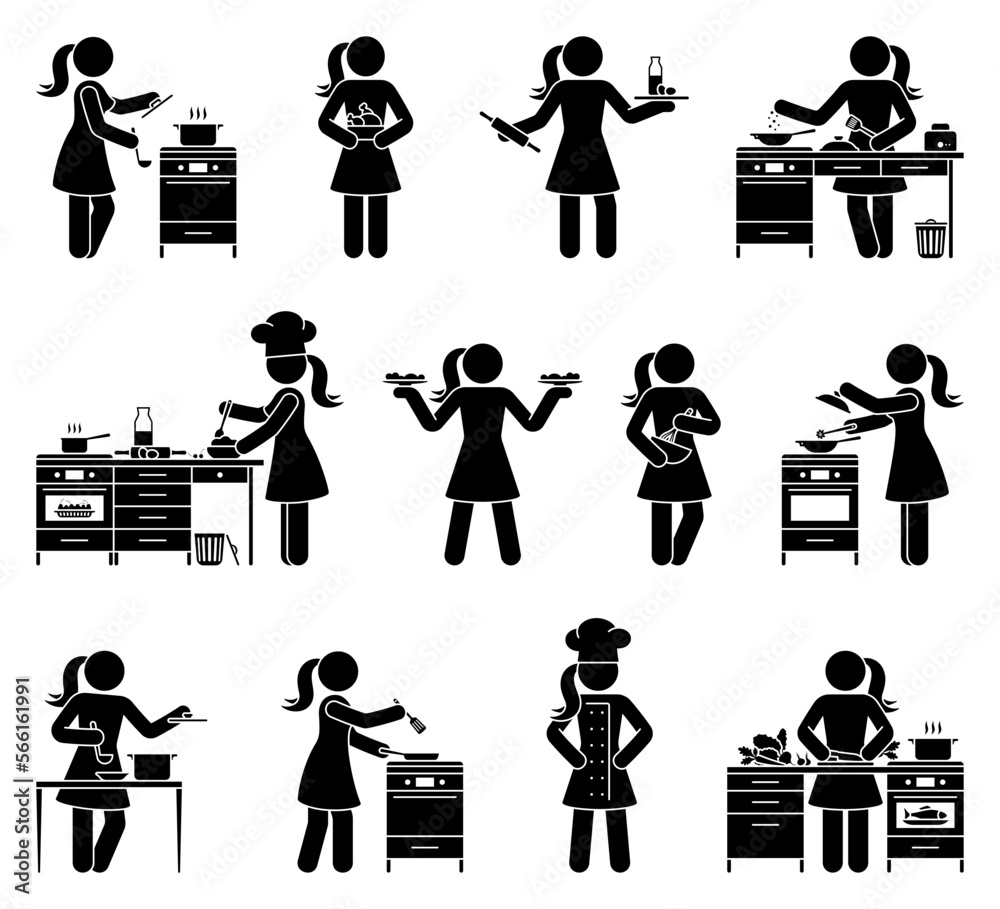 Stick figure woman making breakfast, lunch, dinner vector illustration ...