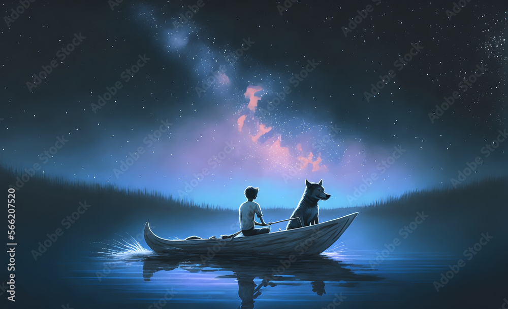 Boy rowing a boat with his wolf among the stars in the night sky ...