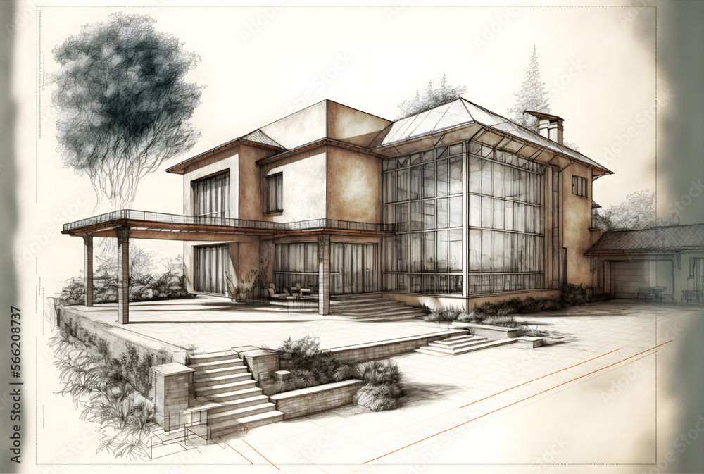 Technical drawing, sketch of building design of family house with roof ...