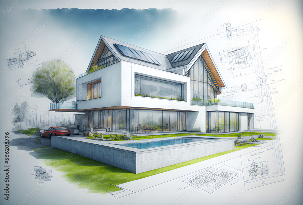 Technical drawing, sketch of building design of family house with roof ...