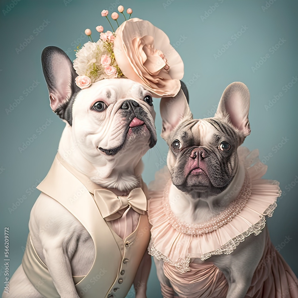 Abstract funny portrait of small French Bulldogs dressed as renaissance ...
