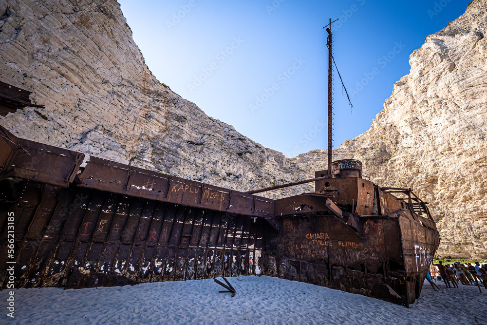Fantastic view of the old rusty shipwreck stranded on the beach of ...