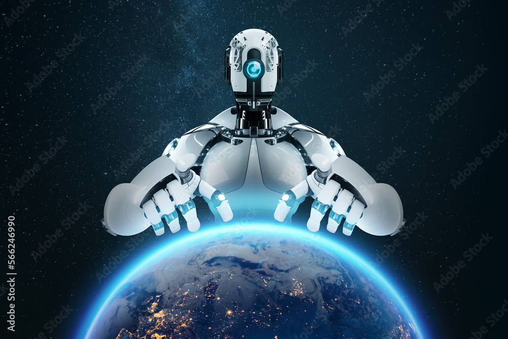 A cyborg robot stretches its arms over planet earth, controlling it ...