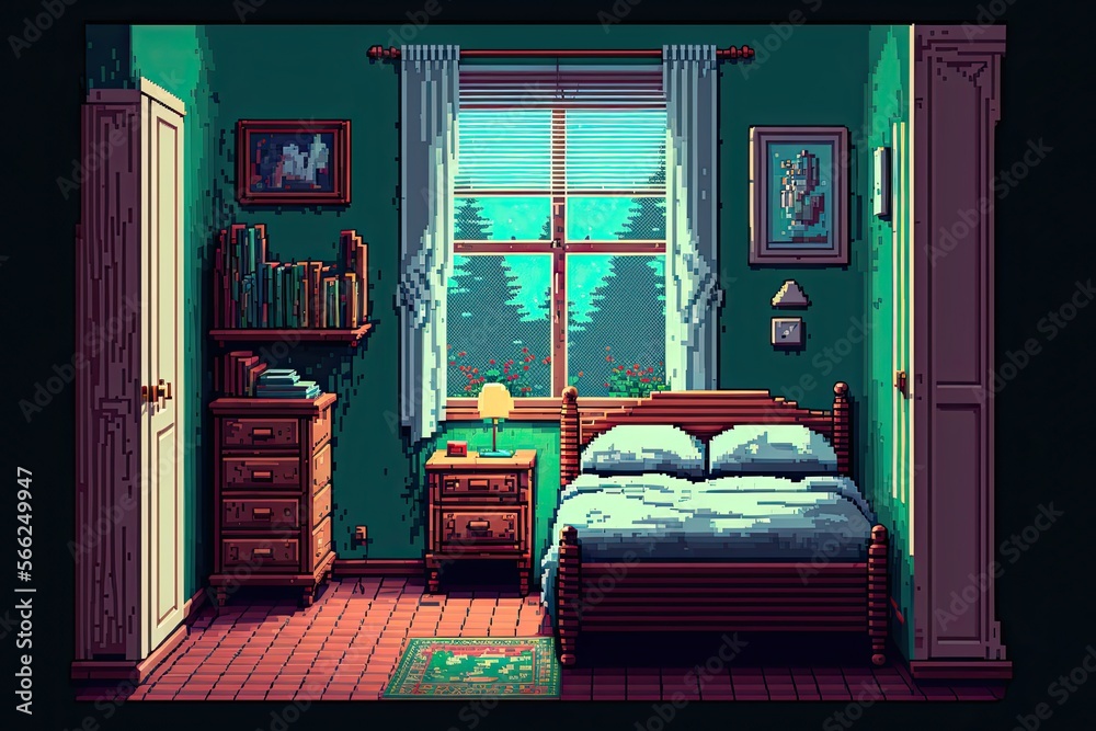 Pixel art bedroom with antique decor, bed, chest of drawers, wardrobe, background in retro style ...