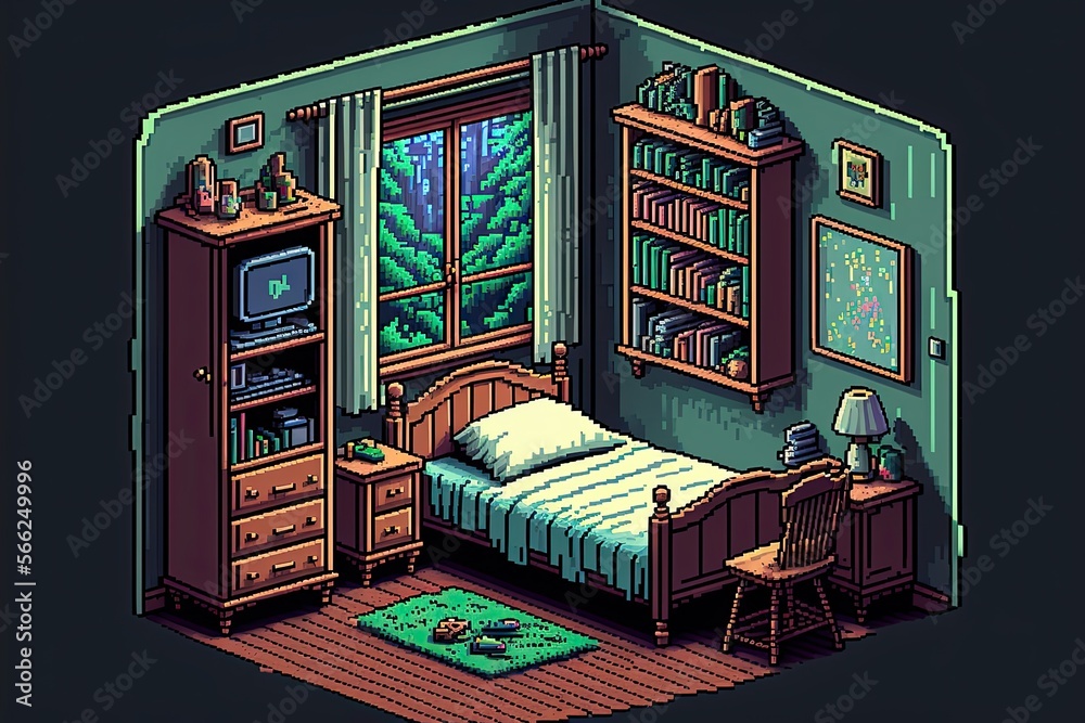 Pixel art bedroom with antique decor, bed, chest of drawers, wardrobe ...