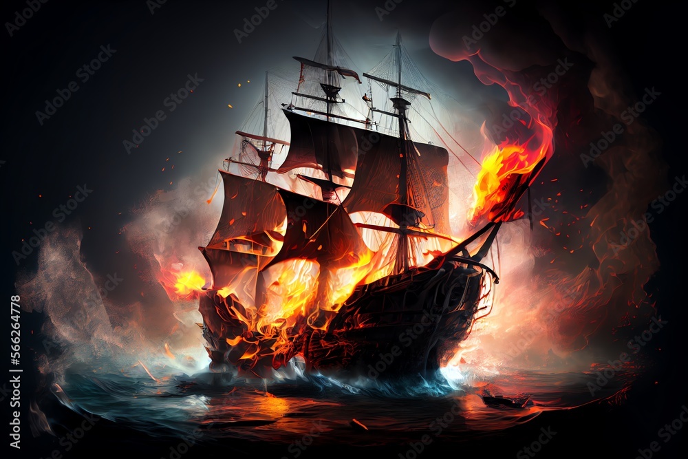 Pirate ship destroyed in flames after battle at sea. Digital ...