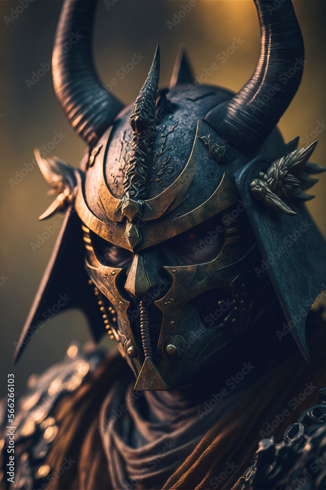 Portrait closeup of a Samurai in a traditional mengu mask, Japanese ...