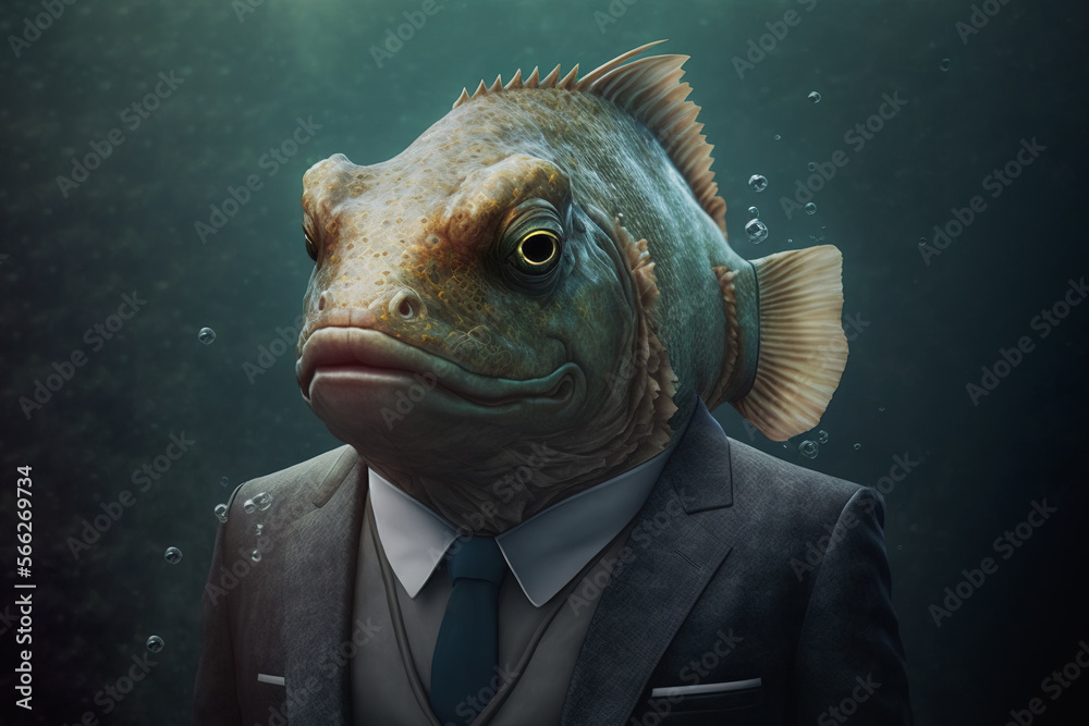 Generative AI illustration anthropomorphic portrait of fish in gray ...