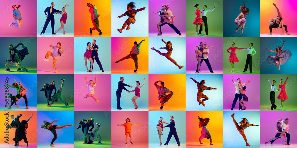 Collage. Children and adult people dancing different dance types,from ...