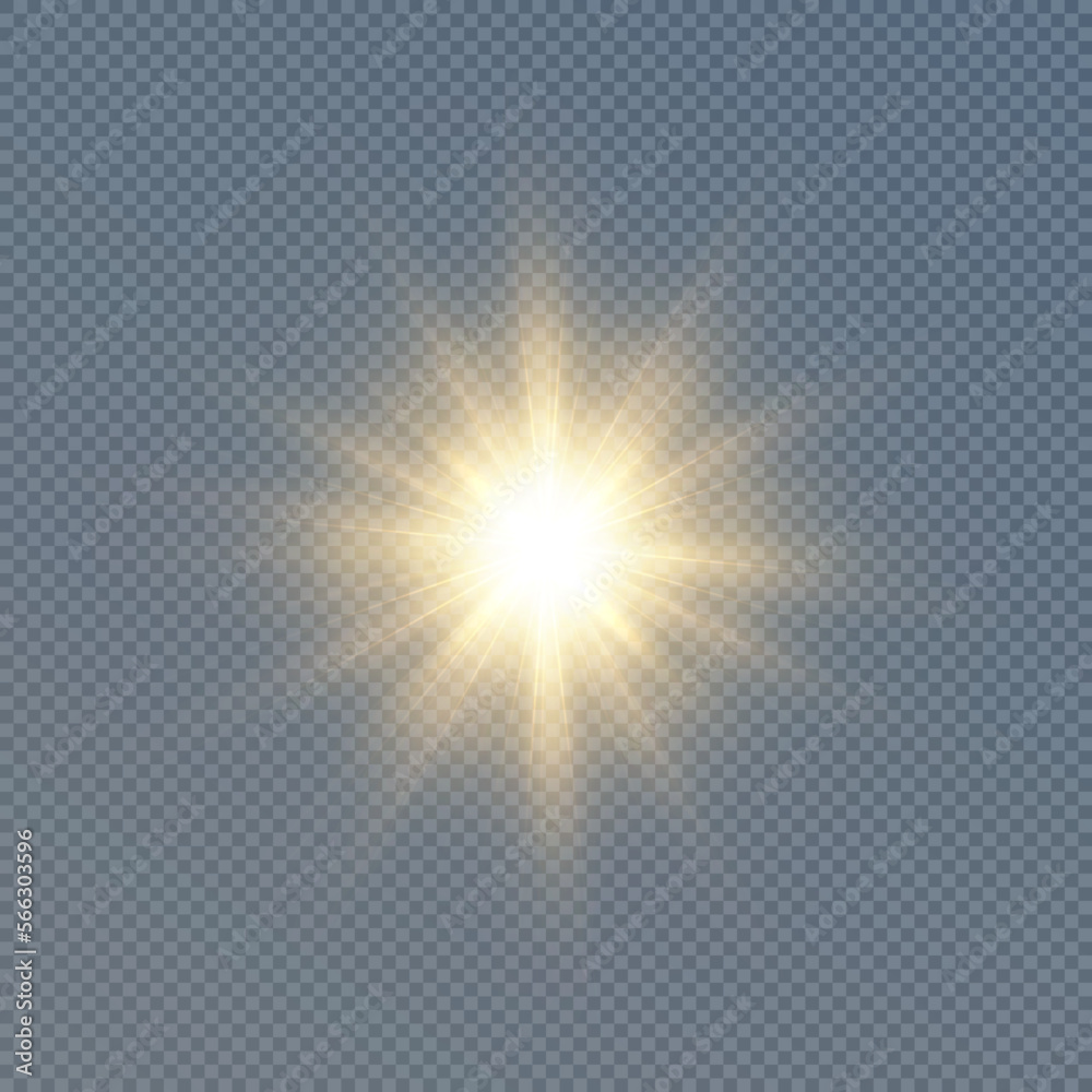 Bright sun shines with warm rays, vector illustration Glow gold star on ...