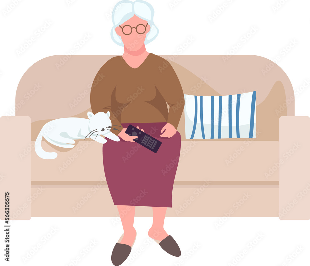 Elderly woman watching tv semi flat color raster character. Sitting ...