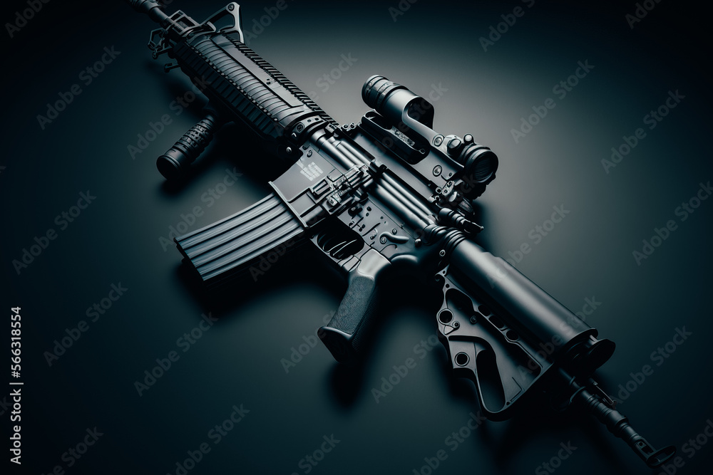 This image depicts a sleek, black M4 carbine rifle with a collapsible ...