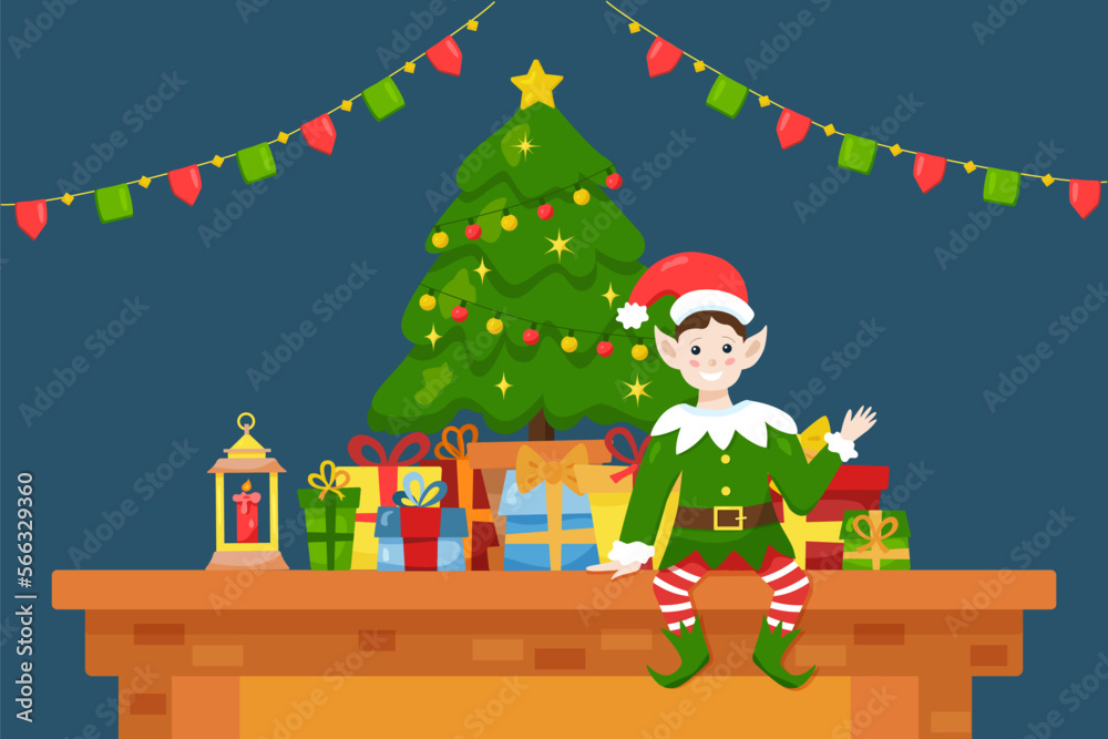 Flat elf sits on fireplace mantel with gifts and decorated tree on home ...