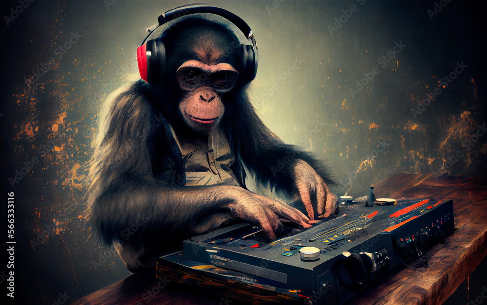 Generative AI illustration Monkey DJ wearing headphones and scratching ...