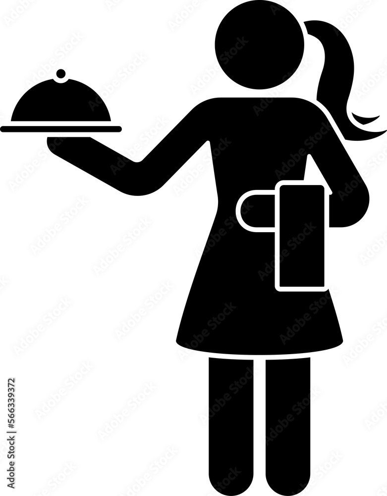 Waitress stick figure woman standing with cloche icon. Black and white ...