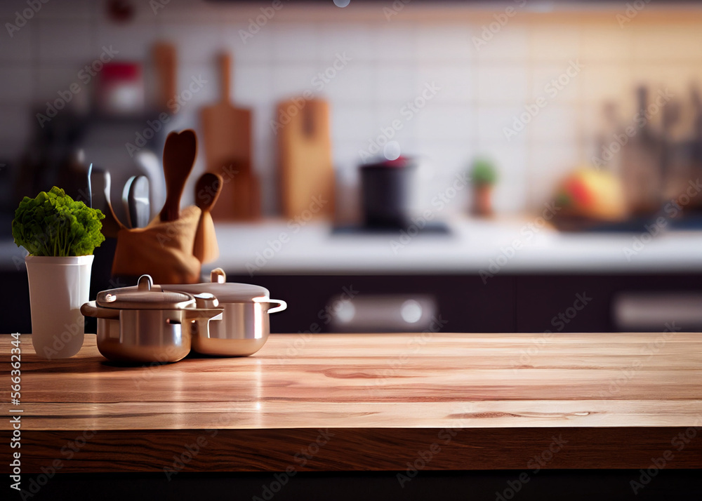 Wood table top on blur kitchen counter background. For montage product ...