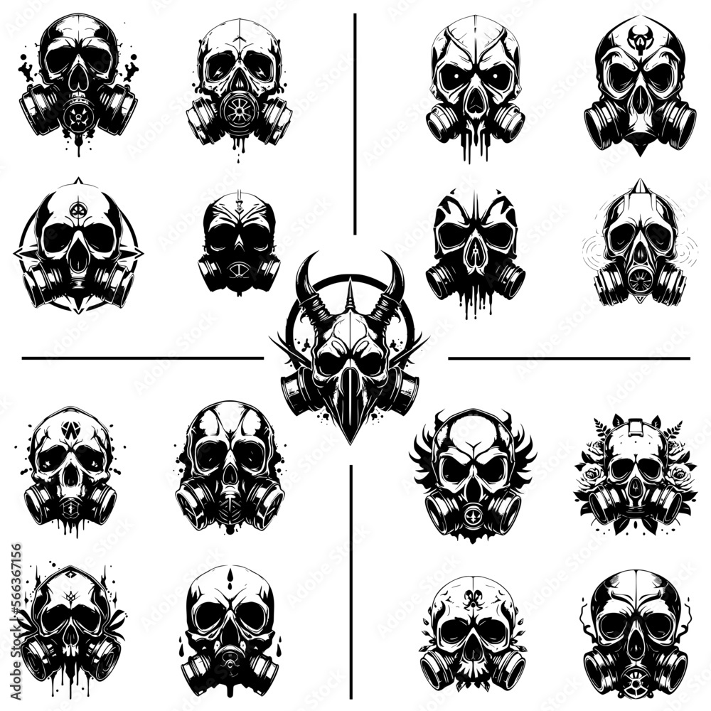 Set of black skulls wearing gas mask on transparent background. Design ...