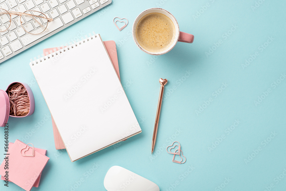 8-march concept. Top view photo of keyboard notepads golden pen sticky ...